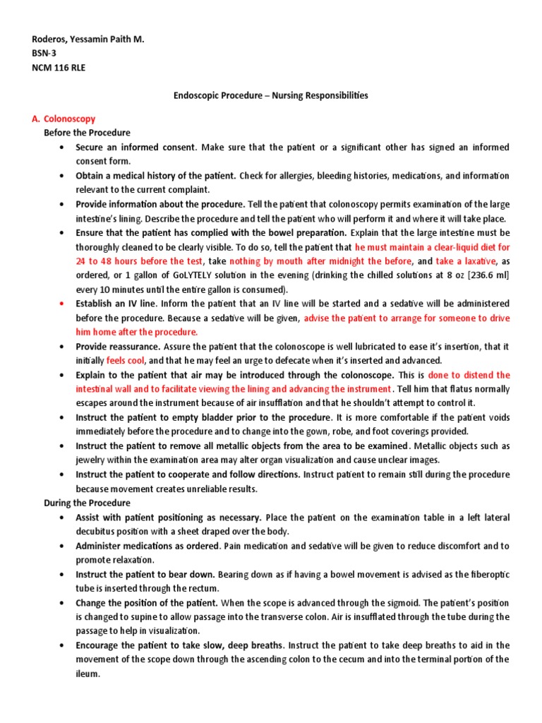 Endoscopic Procedure (Nursing Responsibilities) | PDF | Colonoscopy ...