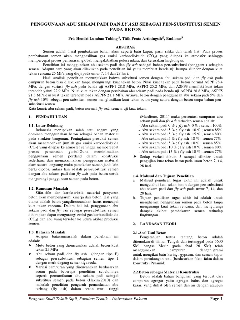 Analisis Pengaruh Substitusi Semen dengan Abu Sekam Padi dan Fly Ash terhadap Kuat Tekan Beton | PDF