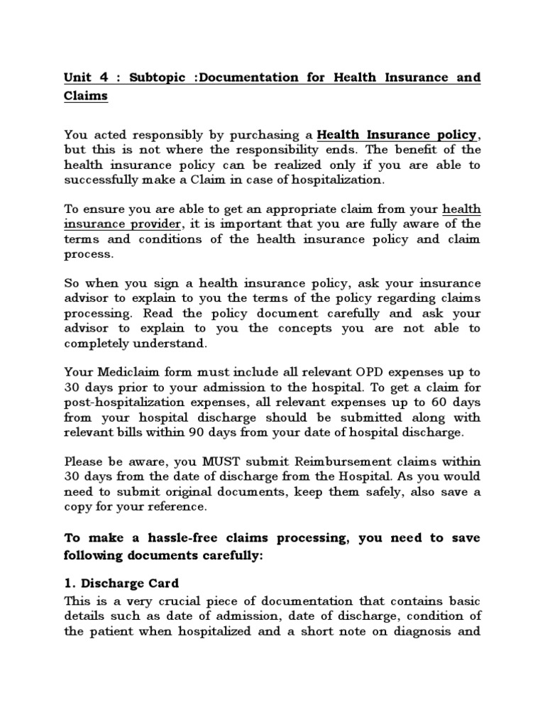 Unit 4: Subtopic:Documentation For Health Insurance and Claims ...