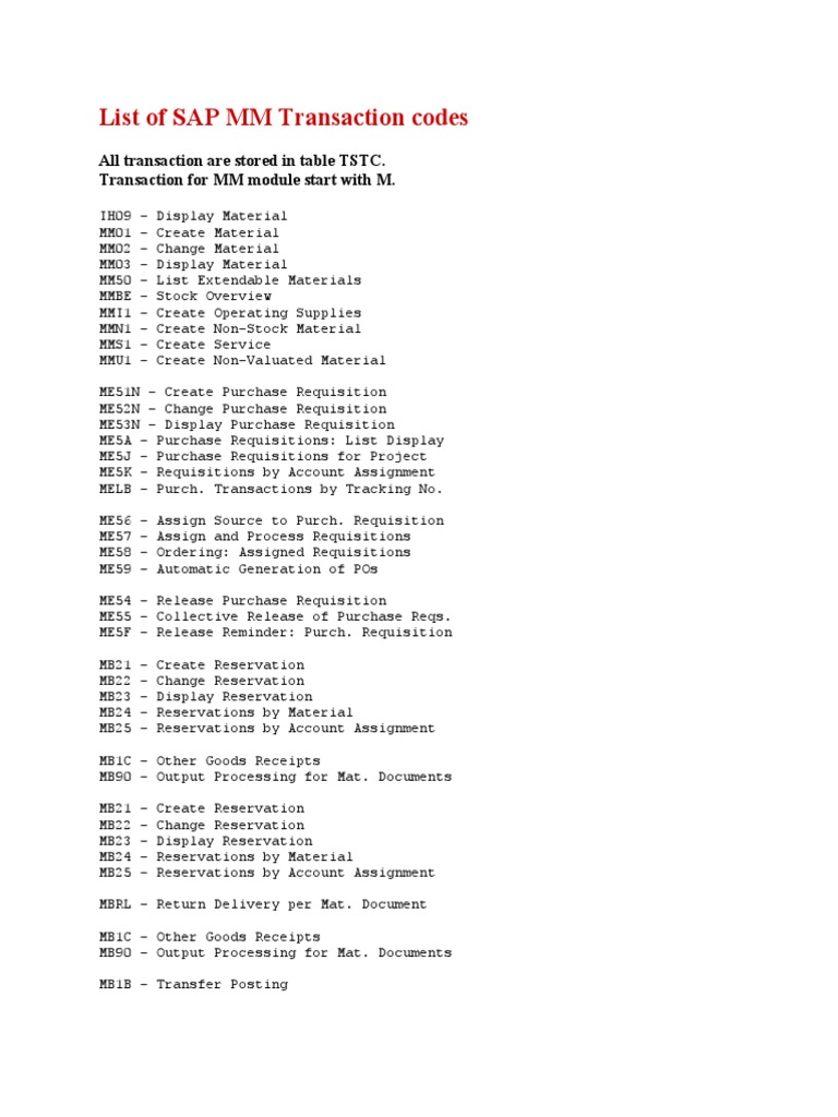 List of SAP MM Transaction Codes | PDF | Computing | Information ...