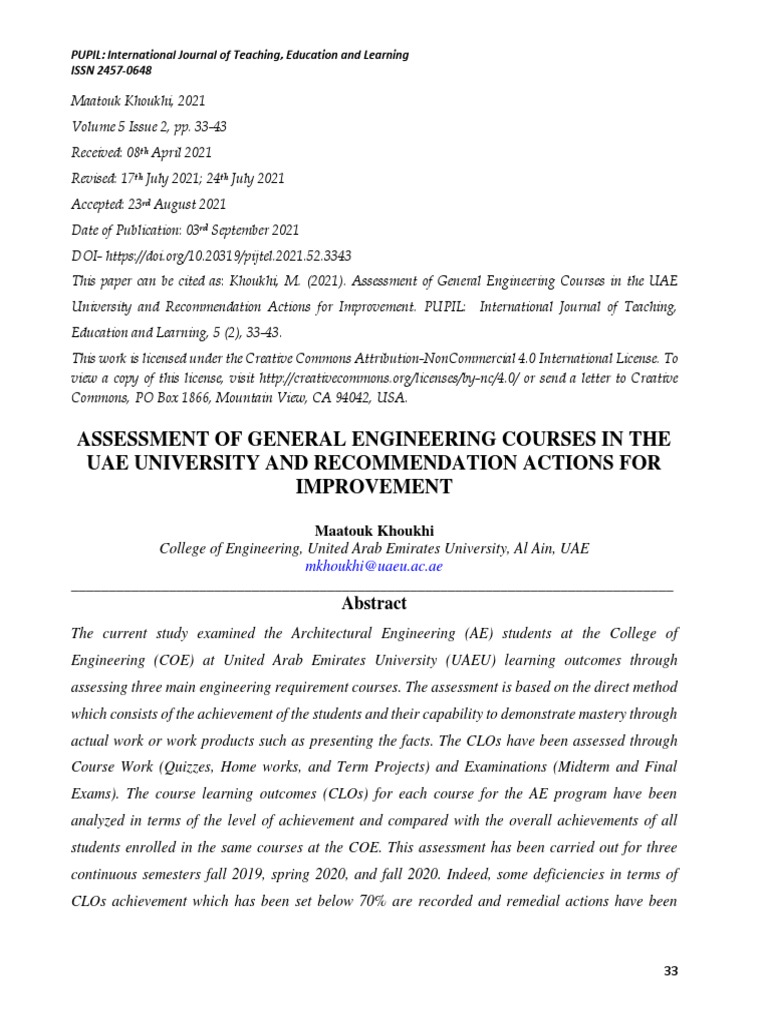 Assessment of General Engineering Courses in The Uae University | PDF ...
