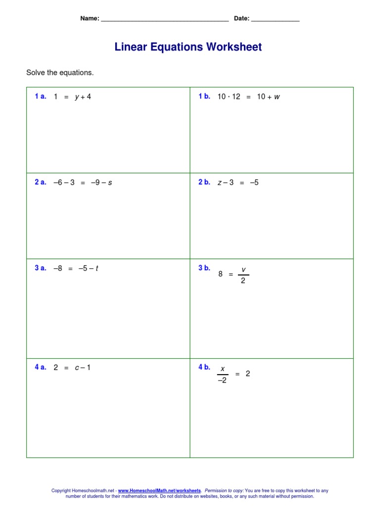 Linear Equations Worksheet | PDF