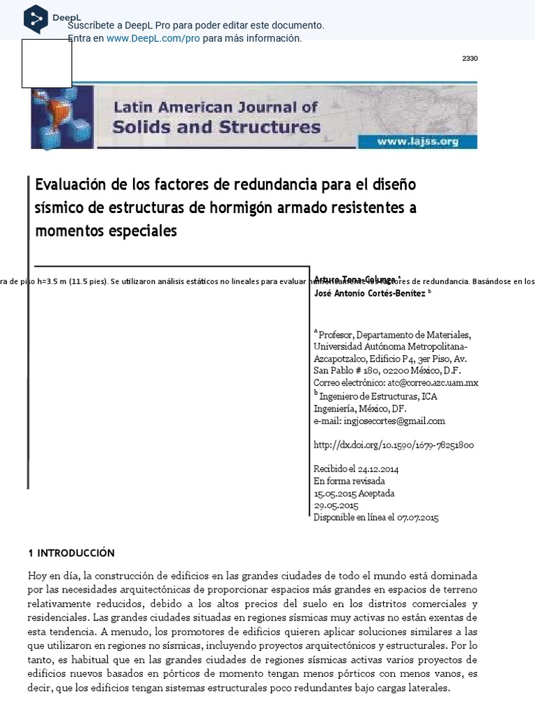 Analisis de Factores de Redundancia para El Diseño Sismico de Porticos ...