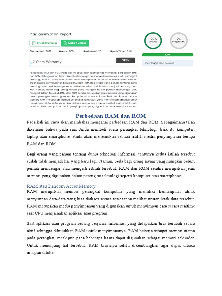 Perbedaan RAM dan ROM dalam Teknologi | PDF