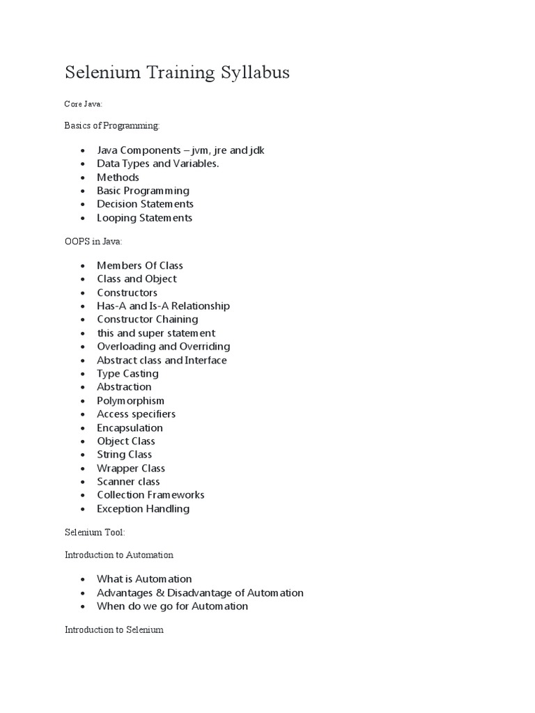 Selenium Training Syllabus Basics Of Programming Pdf Selenium Software Class Computer