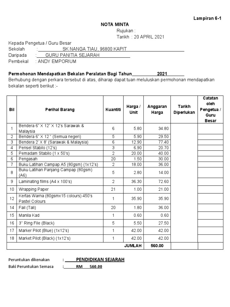 Nota Minta Panitia Sejarah 2021 | PDF