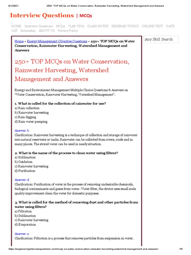 250+ TOP MCQs On Water Conservation, Rainwater Harvesting, Watershed ...