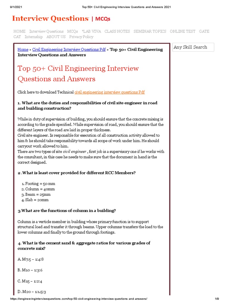 Top 50+ Civil Engineering Interview Questions and Answers 2021 | PDF ...