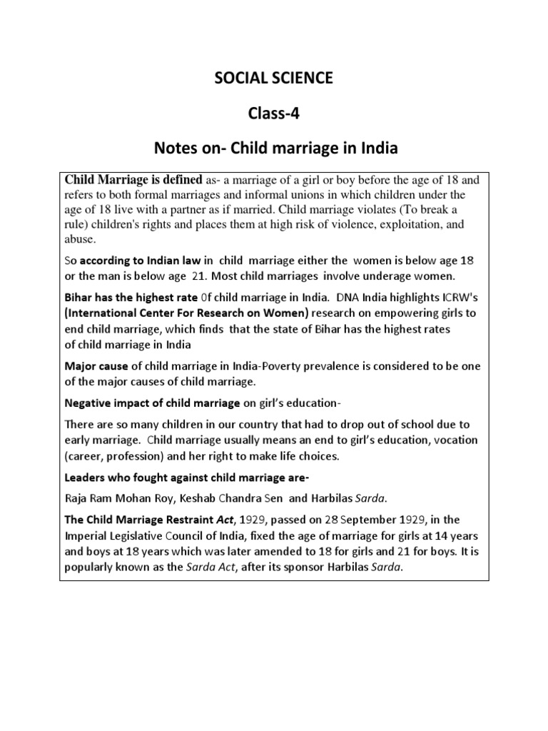 Social Science Class-4 Notes On-Child Marriage in India | PDF