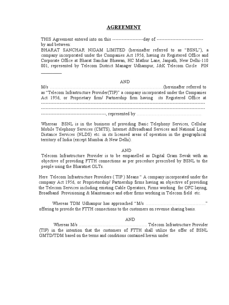 J K FTTH Revised Sample Agreement | PDF | Indemnity | Arbitration