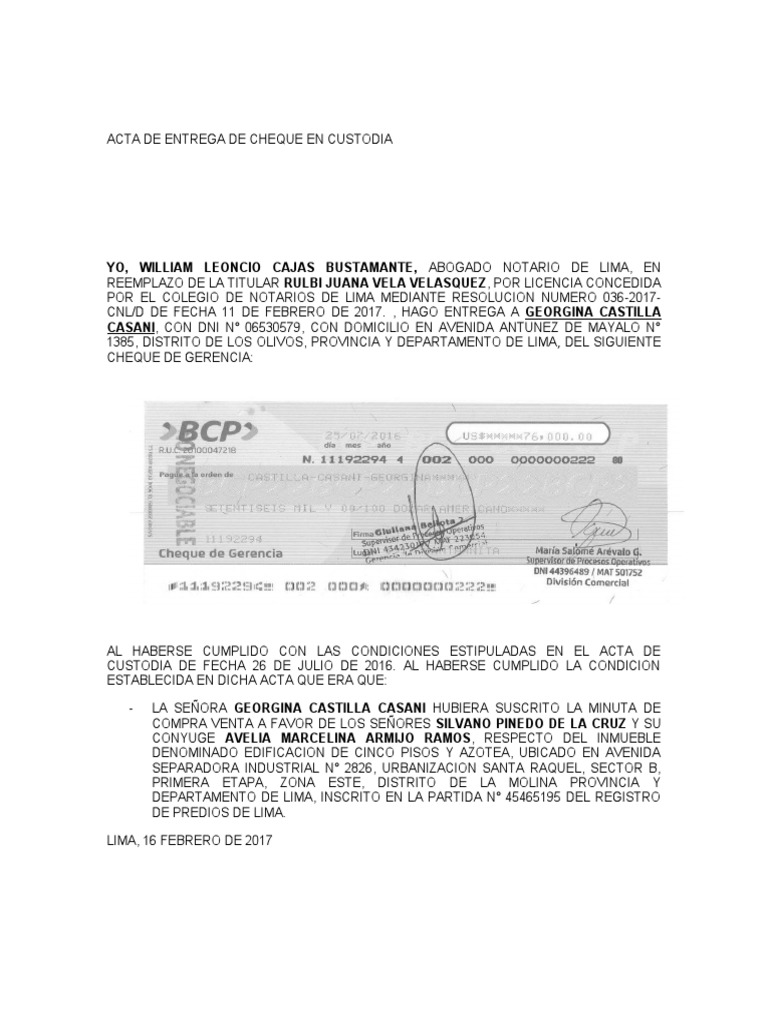 Acta de Entrega de Cheque en Custodia | PDF