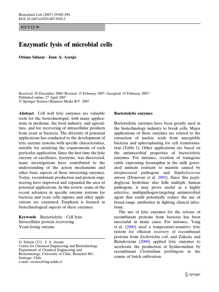 Enzymatic Lysis of Microbial Cells: &) J. A. Asenjo | PDF | Lysis ...