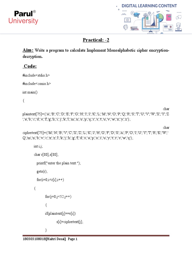 Practical: - 2 Aim: Code:: Write A Program To Calculate Implement Monoalphabetic Cipher ...