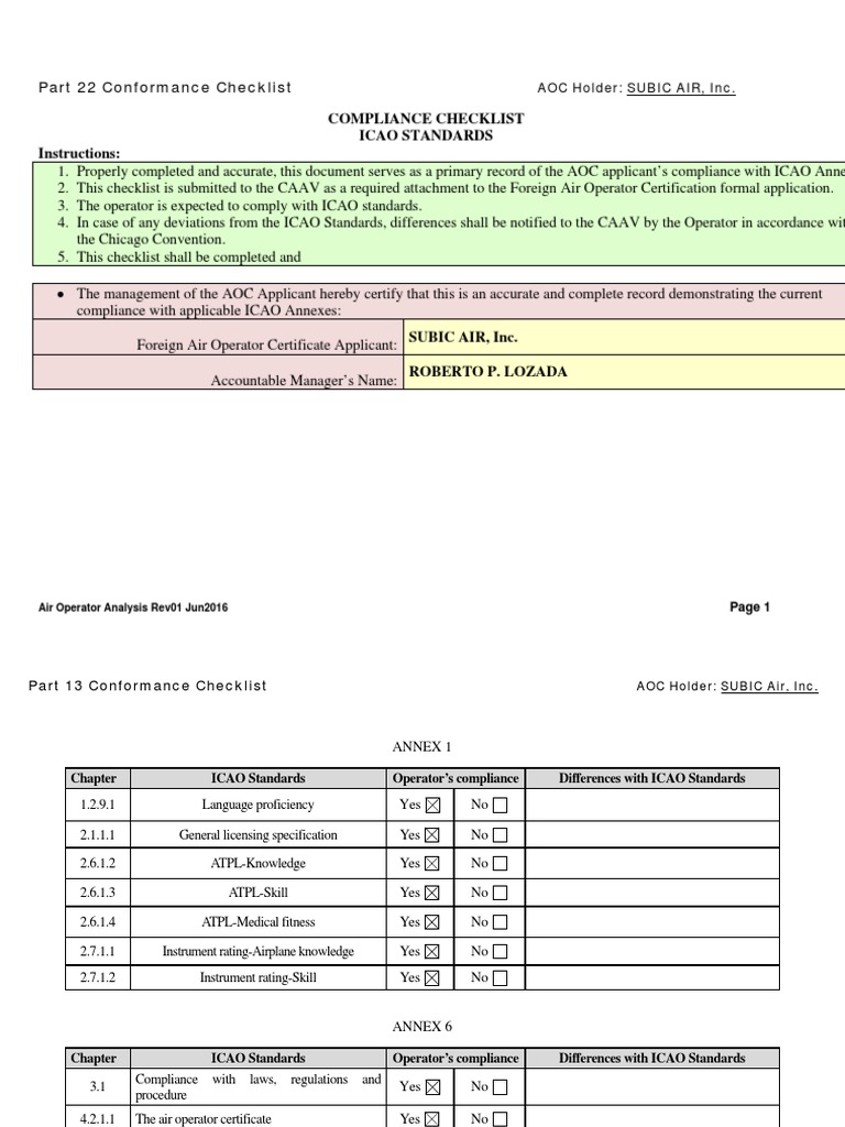 Subic Air ICAO Compliance Checklist | PDF | Transport Safety | Aviation ...