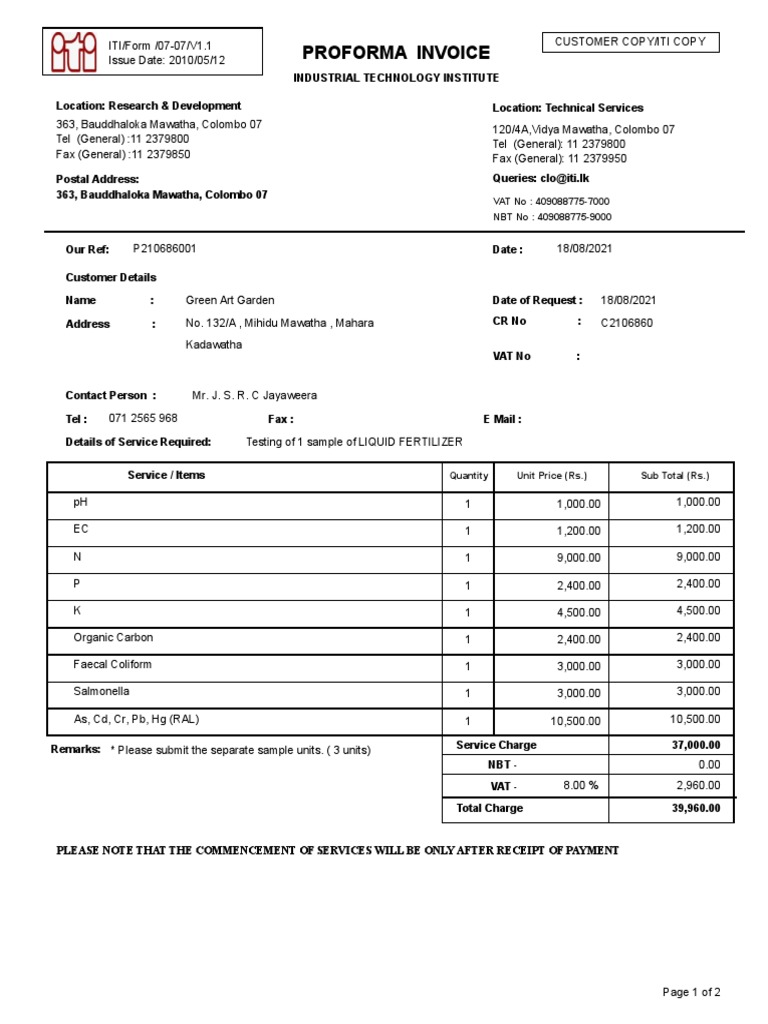 Proforma Invoice: VAT No: 409088775-7000 NBT No: 409088775-9000 | PDF ...