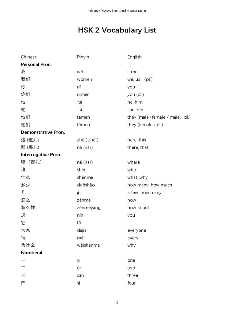 HSK 2 Vocab | PDF