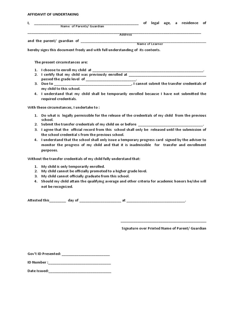 Affidavit of Undertaking: Name of Parents/ Guardian | PDF | Credential