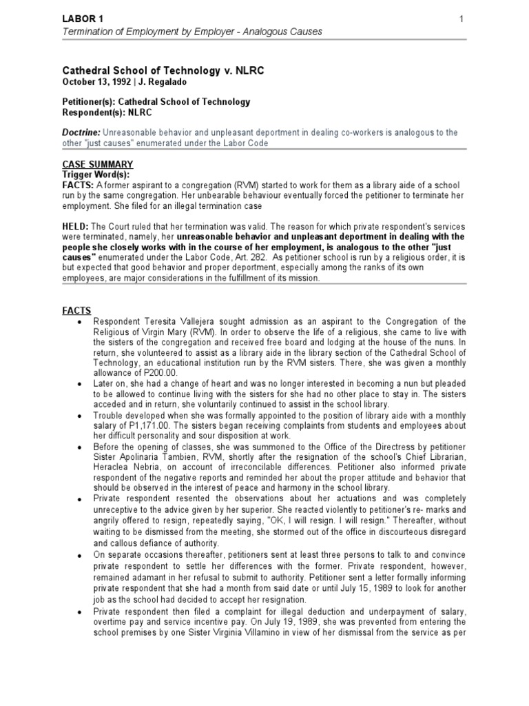 Cathedral School of Technology v. NLRC: Termination of Employment by ...