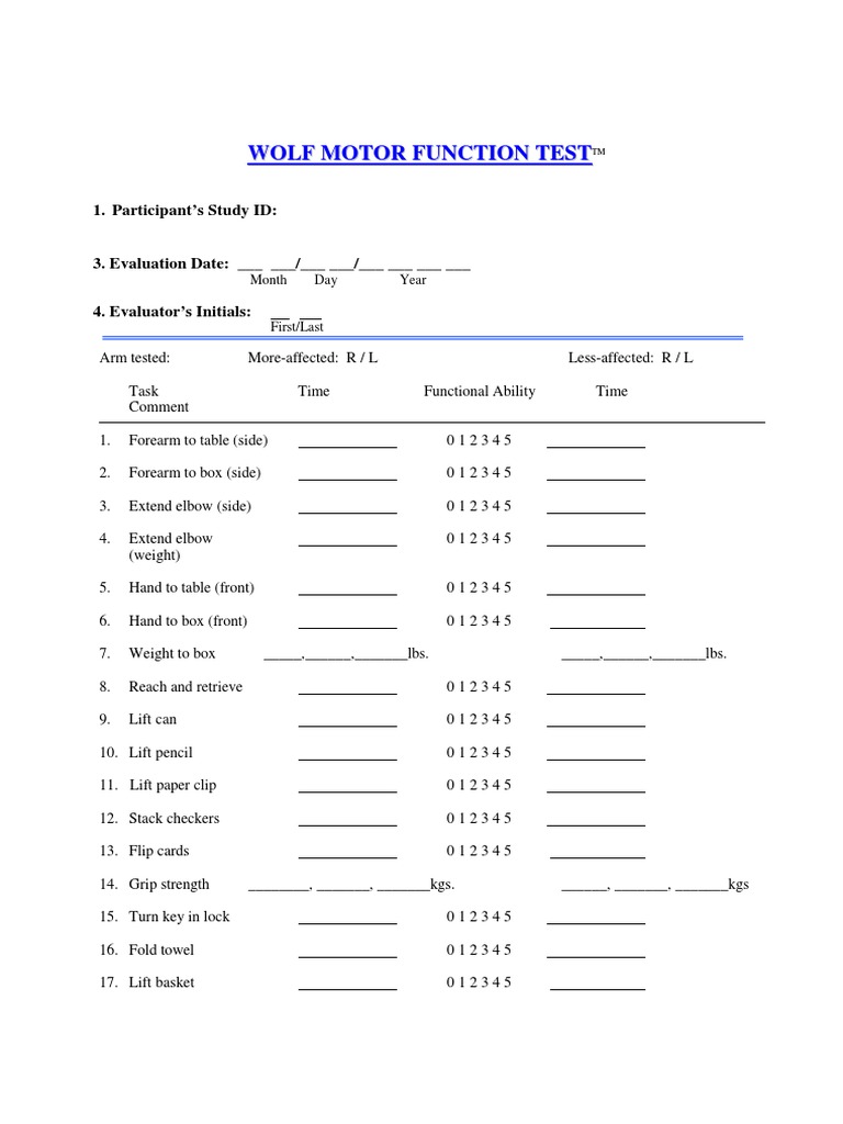 Wolf Motor Function Test Data Entry Form | PDF