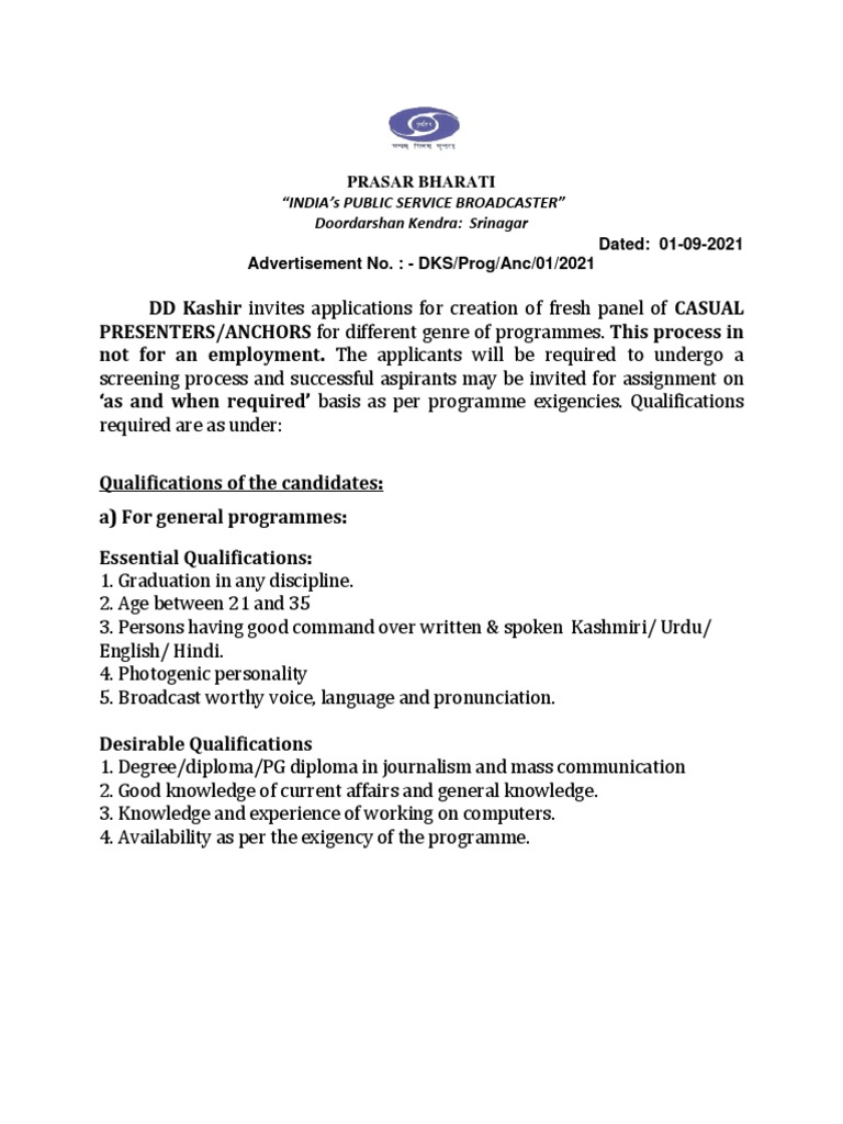DD Kashmir Recruitment 2021 | PDF