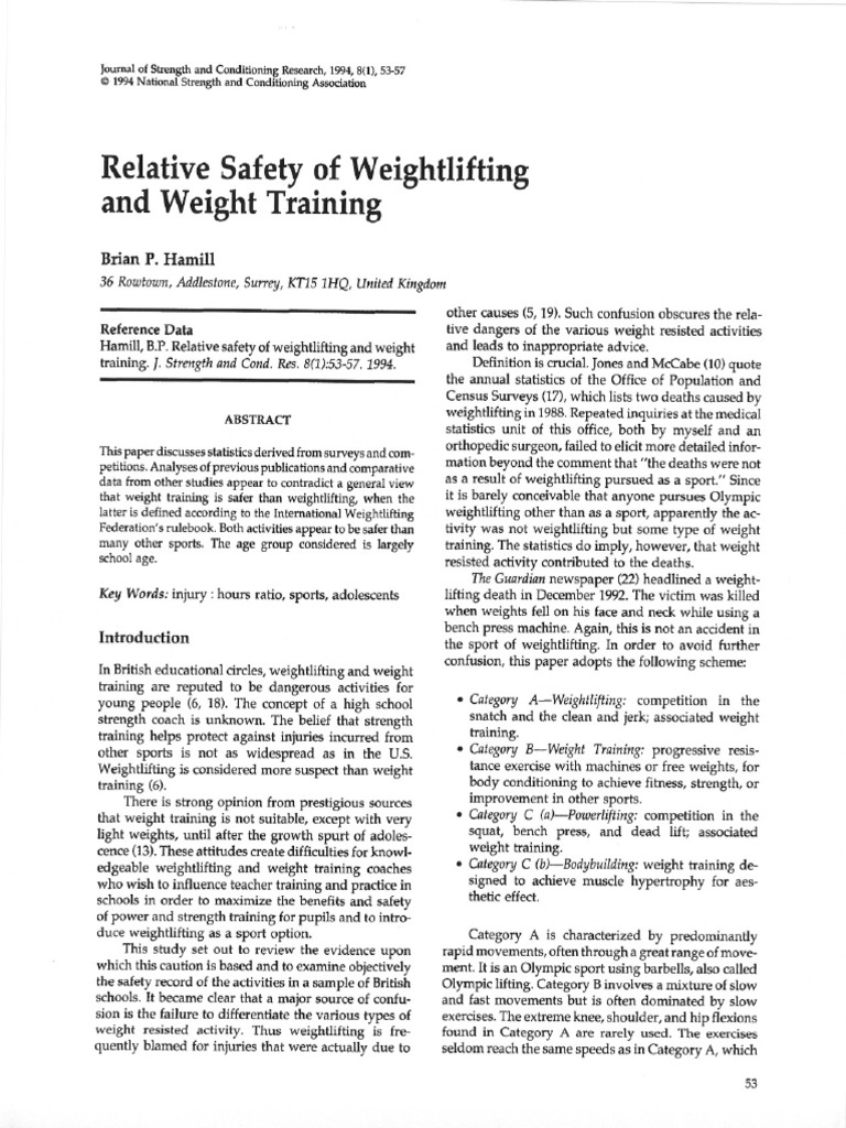 1994 - Relative Safety of Weightlifting and Weight Training | PDF ...