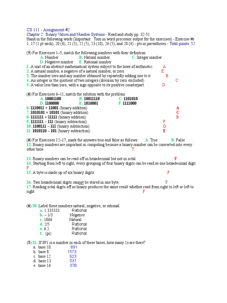 CS 111 - Assignment #2: Chapter 2: Binary Values and Number Systems Total Points: 52 | PDF ...