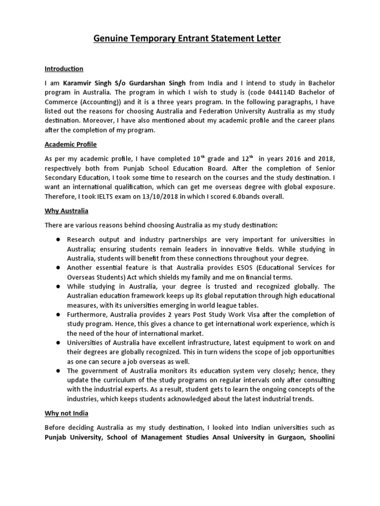 Genuine Temporary Entrant Statement Letter: TH TH | PDF | Economies ...