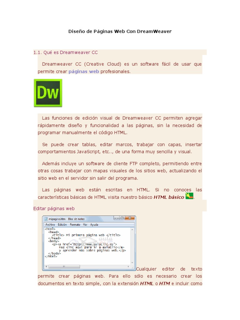 Diseño de Páginas Web Con DreamWeaver | PDF | HTML | Adobe Dreamweaver Diseño de Páginas Web Con DreamWeaver | PDF | HTML | Adobe Dreamweaver