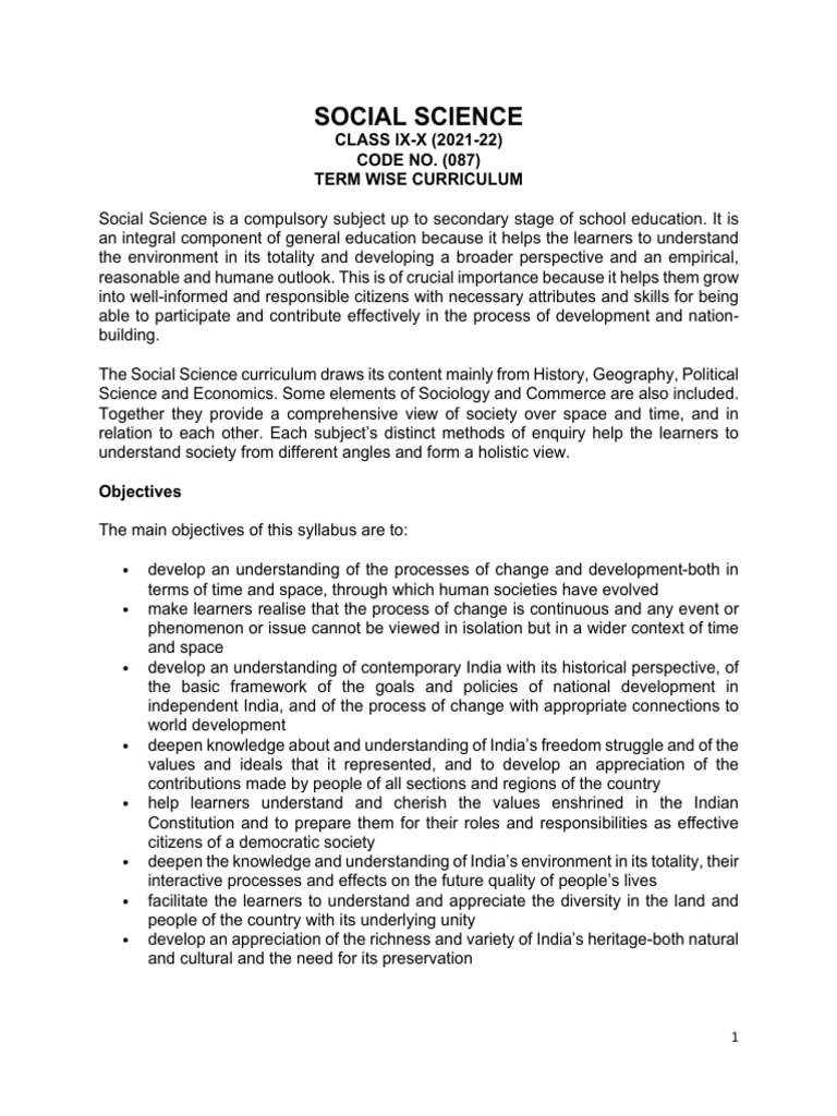 Class - 9 - Term Wise - Syllabus - Social Science - 2021 - 22 | PDF ...