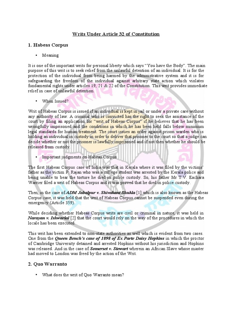 Writs Under Article 32 of Constitution 1. Habeas Corpus | PDF | Habeas ...