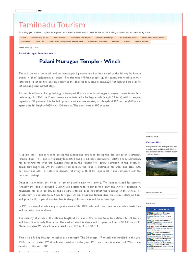 Tamilnadu Tourism: Palani Murugan Temple - Winch | PDF