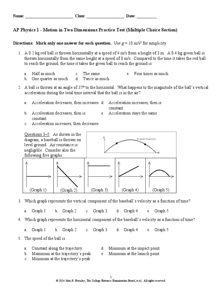 Practice Test MC - Unit P1-02 Motion in Two Dimensions | PDF ...