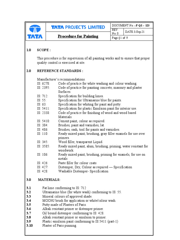 Procedure For Painting: 1.0 Scope | PDF | Paint | Plaster