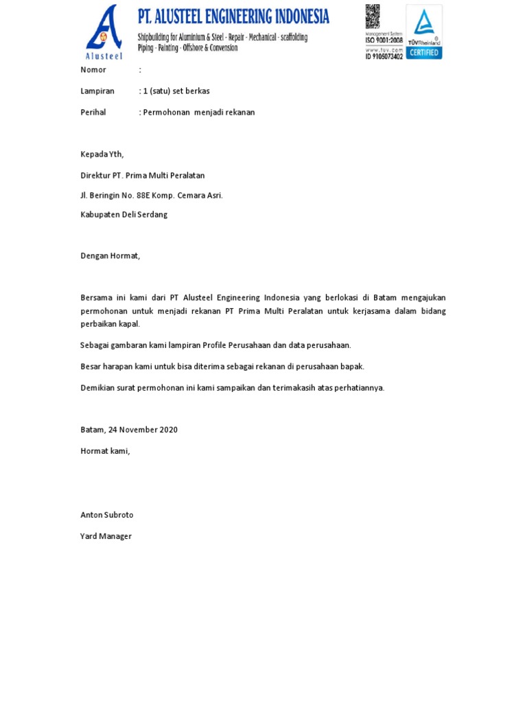 Surat Permohonan Rekanan | PDF