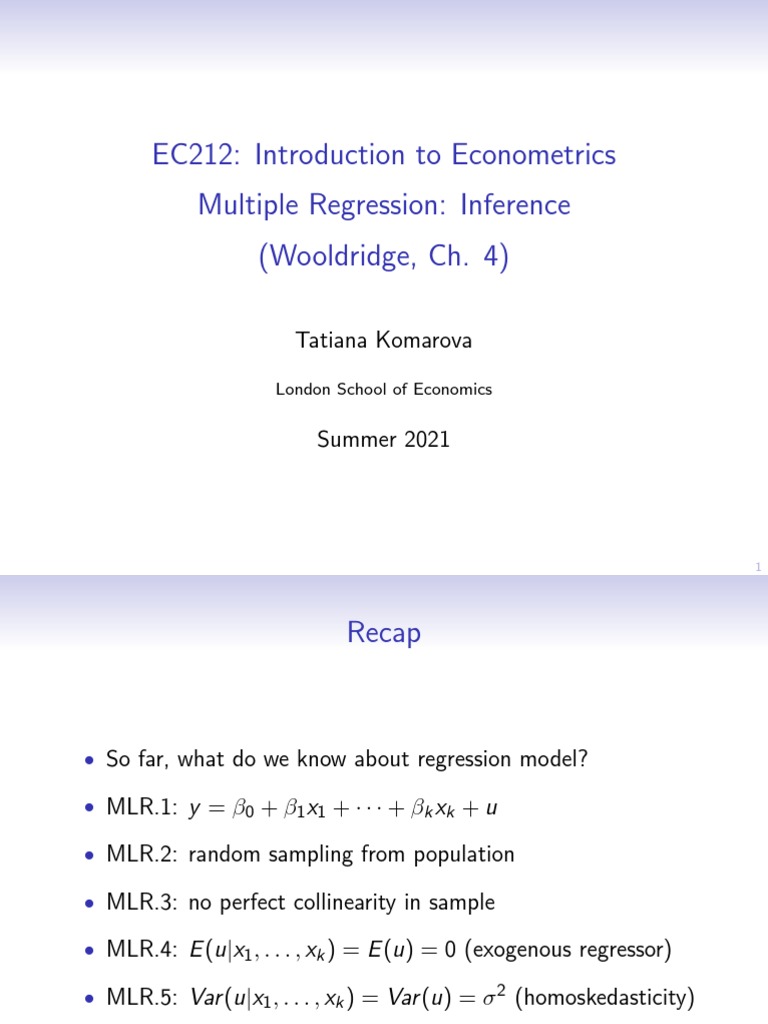 EC212: Introduction To Econometrics Multiple Regression: Inference (Wooldridge, Ch. 4) | PDF | P ...