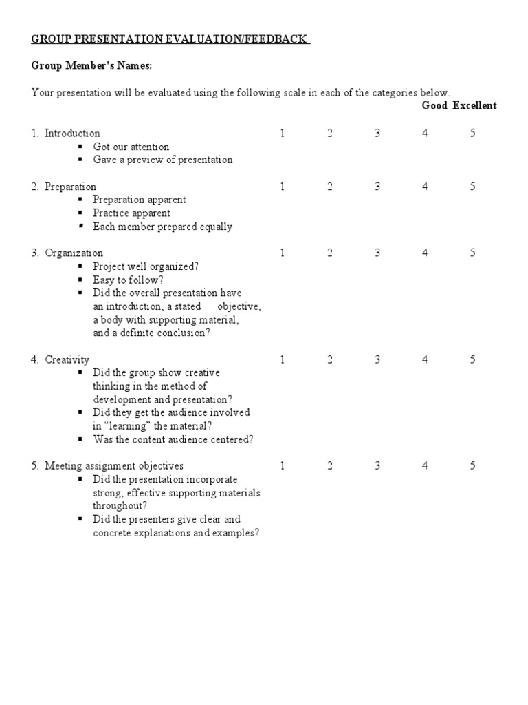 Group Presentation Evaluation/Feedback Group Member's Names | PDF ...
