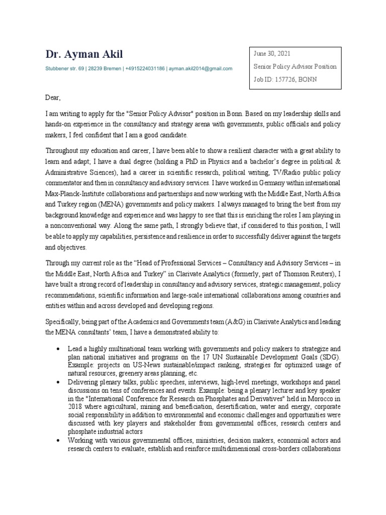 Dr. Ayman Akil: June 30, 2021 Senior Policy Advisor Position Job ID: 157726, BONN | PDF ...