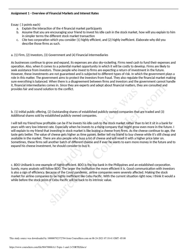 This Study Resource Was: Assignment 1 - Overview of Financial Markets ...