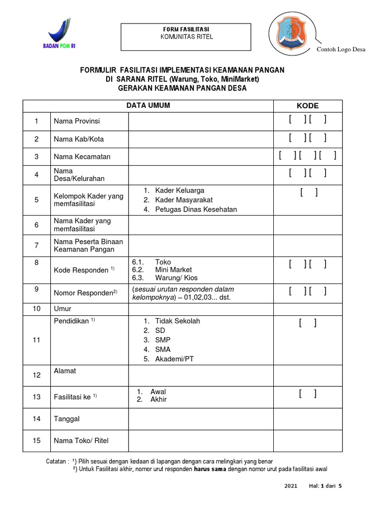 Formulir Fasilitasi Implementasi Komunitas Pelaku Usaha Pangan - Ritel - 2021 | PDF