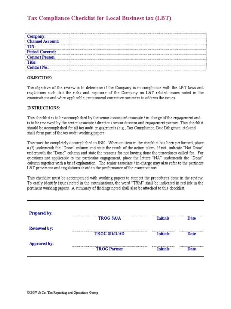 Tax Compliance Checklist For Local Business Tax (LBT) | PDF | Receipt ...