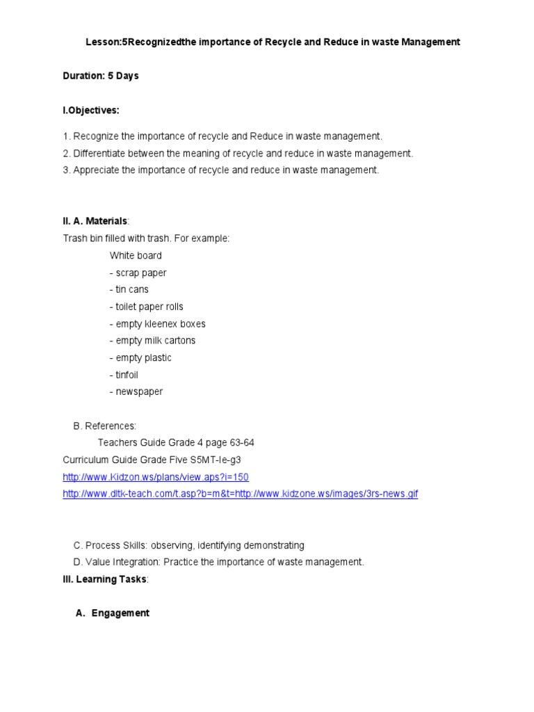 Recycling and Waste Management Lesson Plan | PDF | Reuse | Recycling