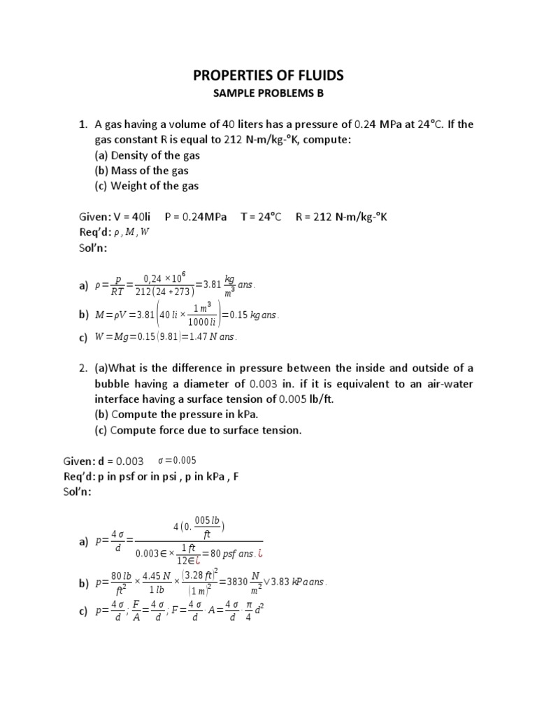 Properties of Fluids: Sample Problems B | PDF | Pressure | Gases