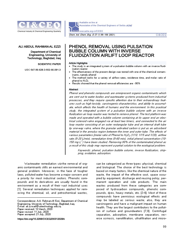 Phenol Removal using Pulsation Bubble Column with Inverse Fluidization ...