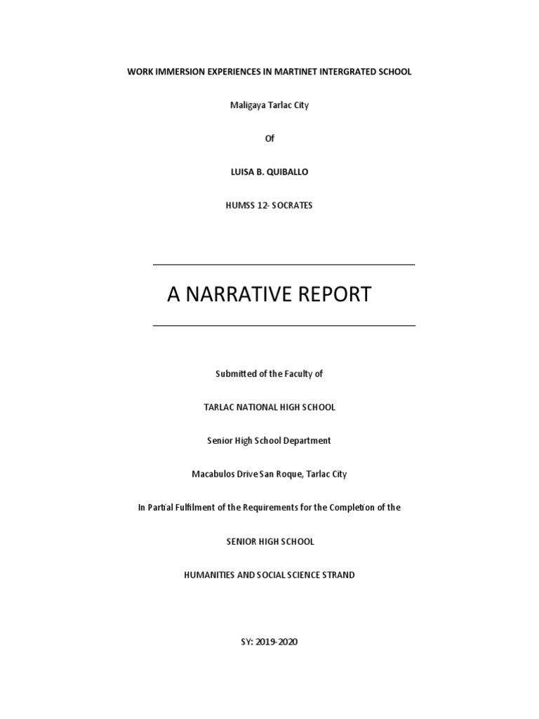 A Narrative Report: Work Immersion Experiences in Martinet Intergrated School | PDF