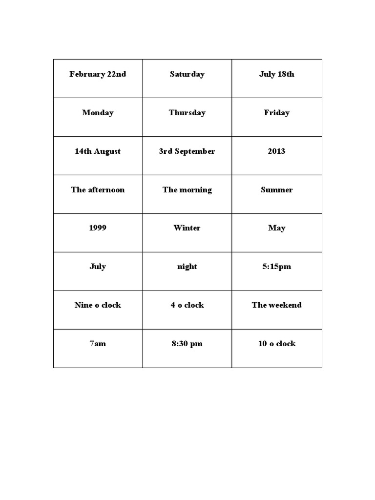 Prepositions of Time Memory Game Games 117276 | PDF