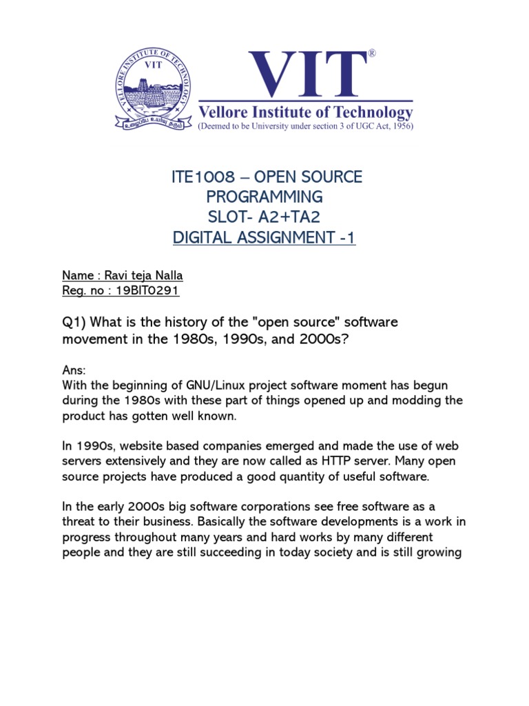 Ite1008 - Open Source Programming SLOT-A2+TA2 Digital Assignment - 1 ...