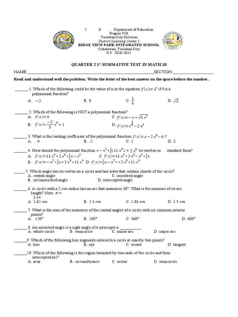 2ND Quarter Summative Test in Math 10 | PDF | Circle | Angle