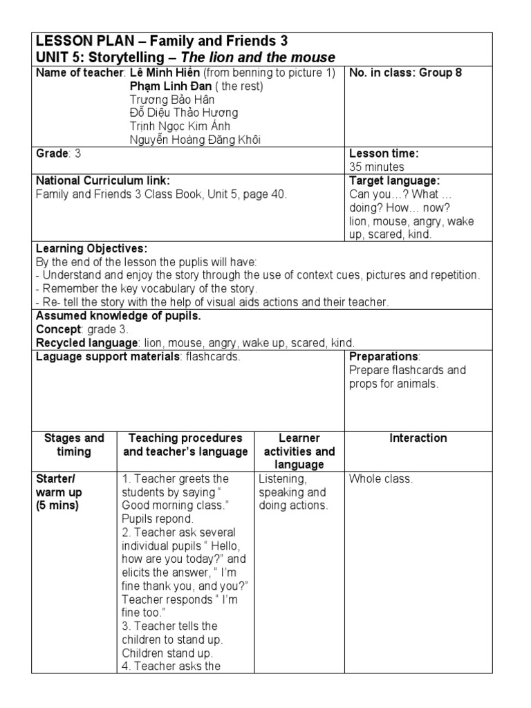 LESSON PLAN - Family and Friends 3 UNIT 5: Storytelling - The Lion and ...