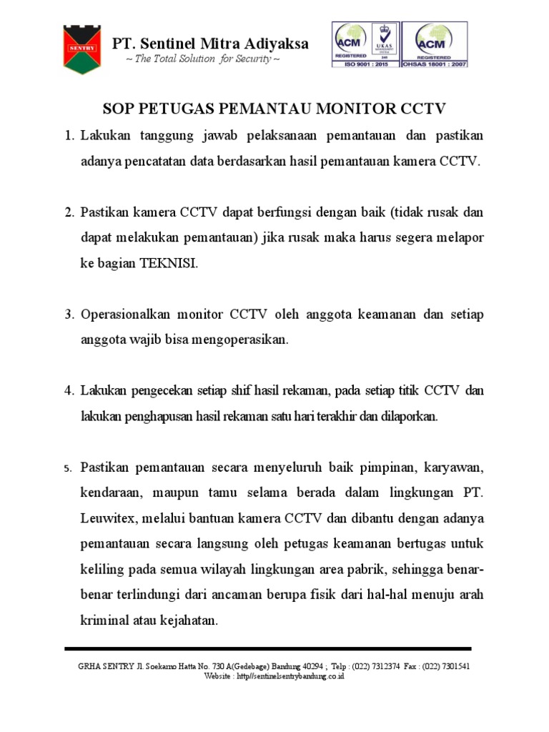Sop Petugas Pemantau Monitor CCTV | PDF
