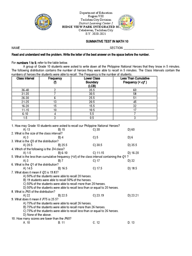 Q4 2ND Summative Test in Math 10 | PDF